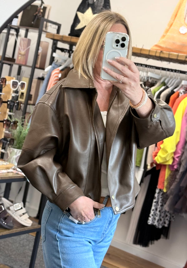 Frankie Faux Leather Jacket Chocolate - Susie's Boutique
