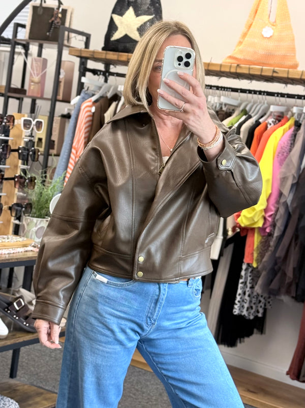 Frankie Faux Leather Jacket Chocolate - Susie's Boutique